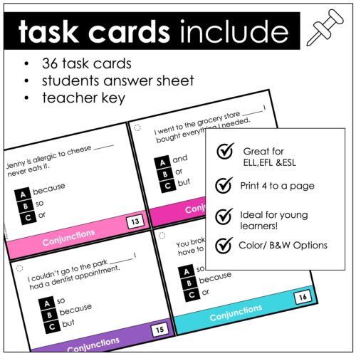Conjunctions Task Cards | and, or, so, but, because | Parts of Speech ...