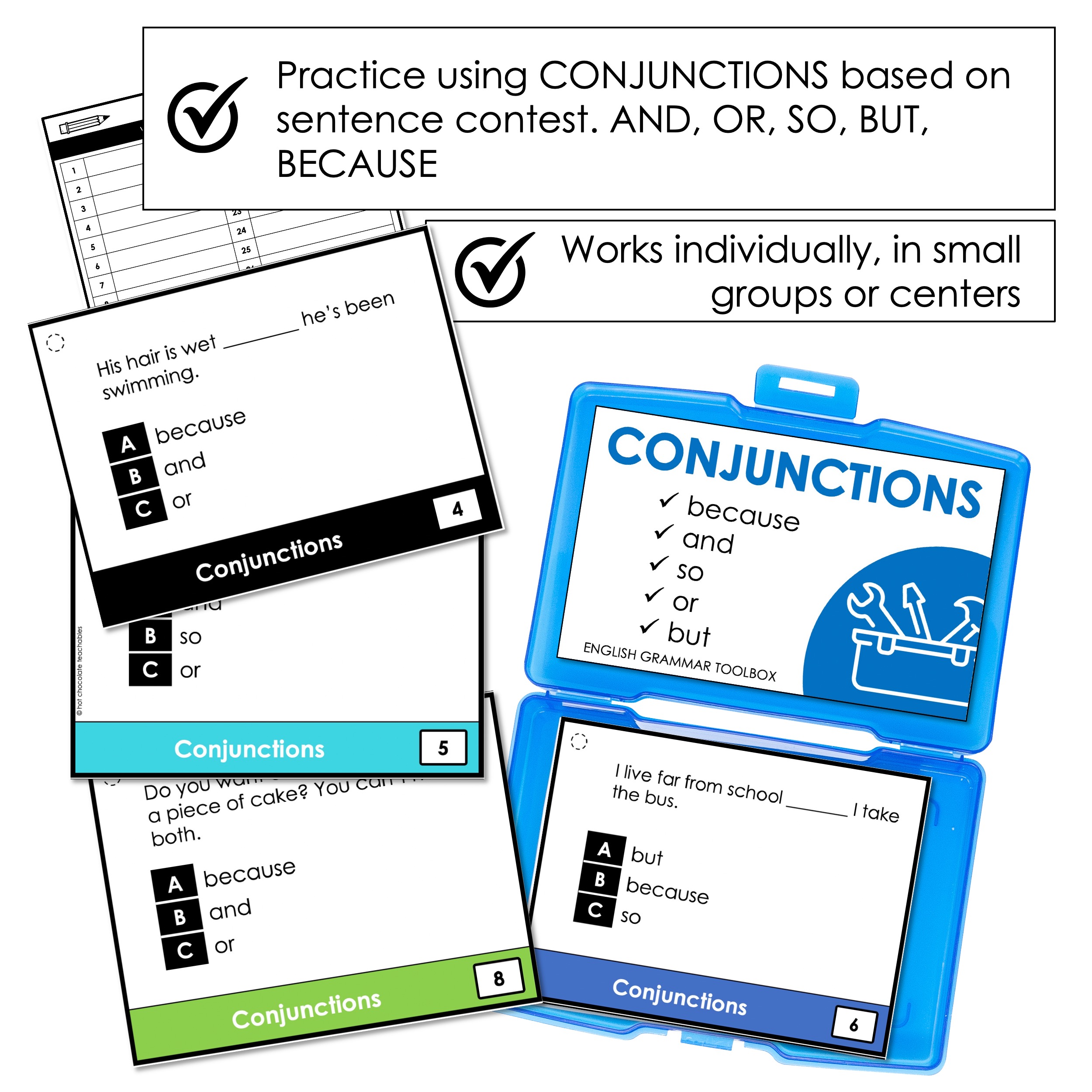 Conjunctions Task Cards | and, or, so, but, because | Parts of Speech ...