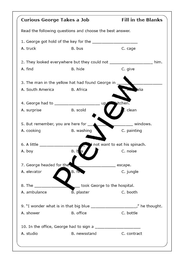 "Curious George Takes a Job" worksheets | Made By Teachers