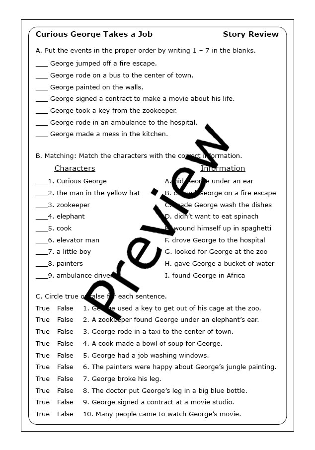 "Curious George Takes a Job" worksheets | Made By Teachers