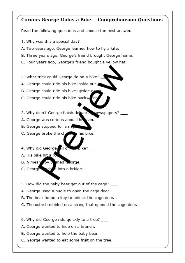 H. A. Rey "Curious George Rides a Bike" worksheets | Made By Teachers