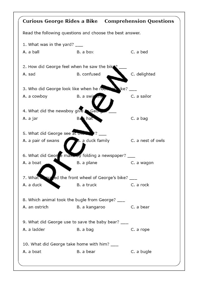 H. A. Rey "Curious George Rides a Bike" worksheets | Made By Teachers