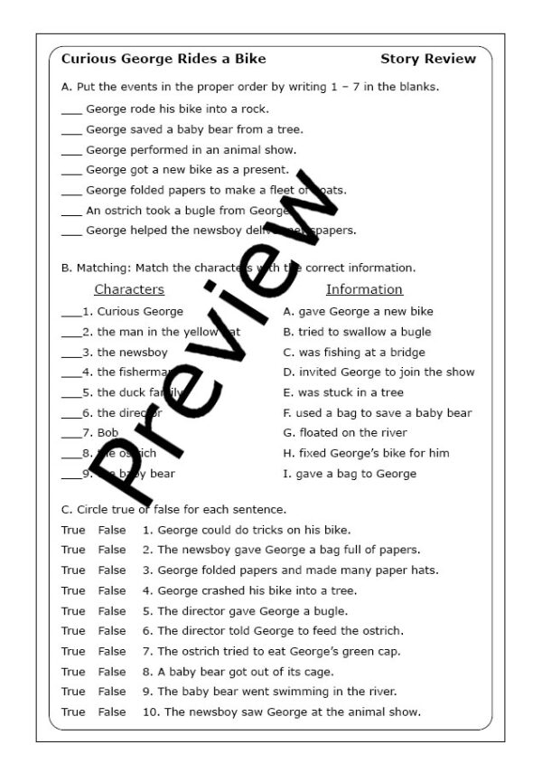 H. A. Rey "Curious George Rides a Bike" worksheets | Made By Teachers