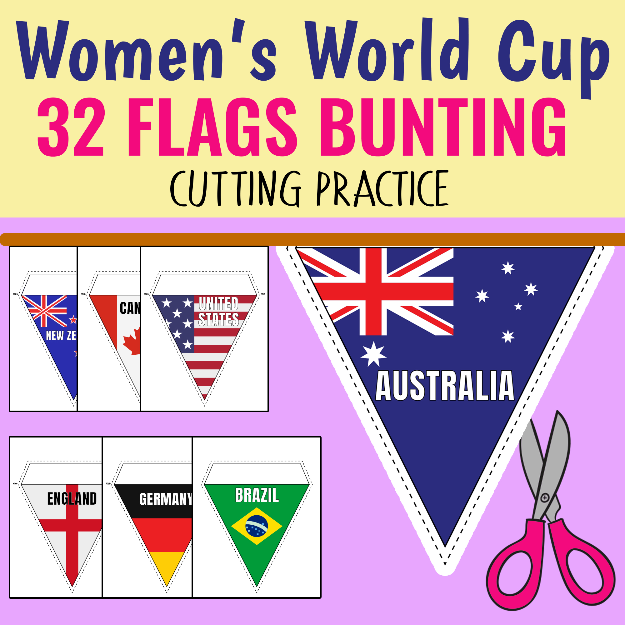 Women's World Cup 2023 Bunting Flags: 32 Countries Flag Bunting Cutting ...