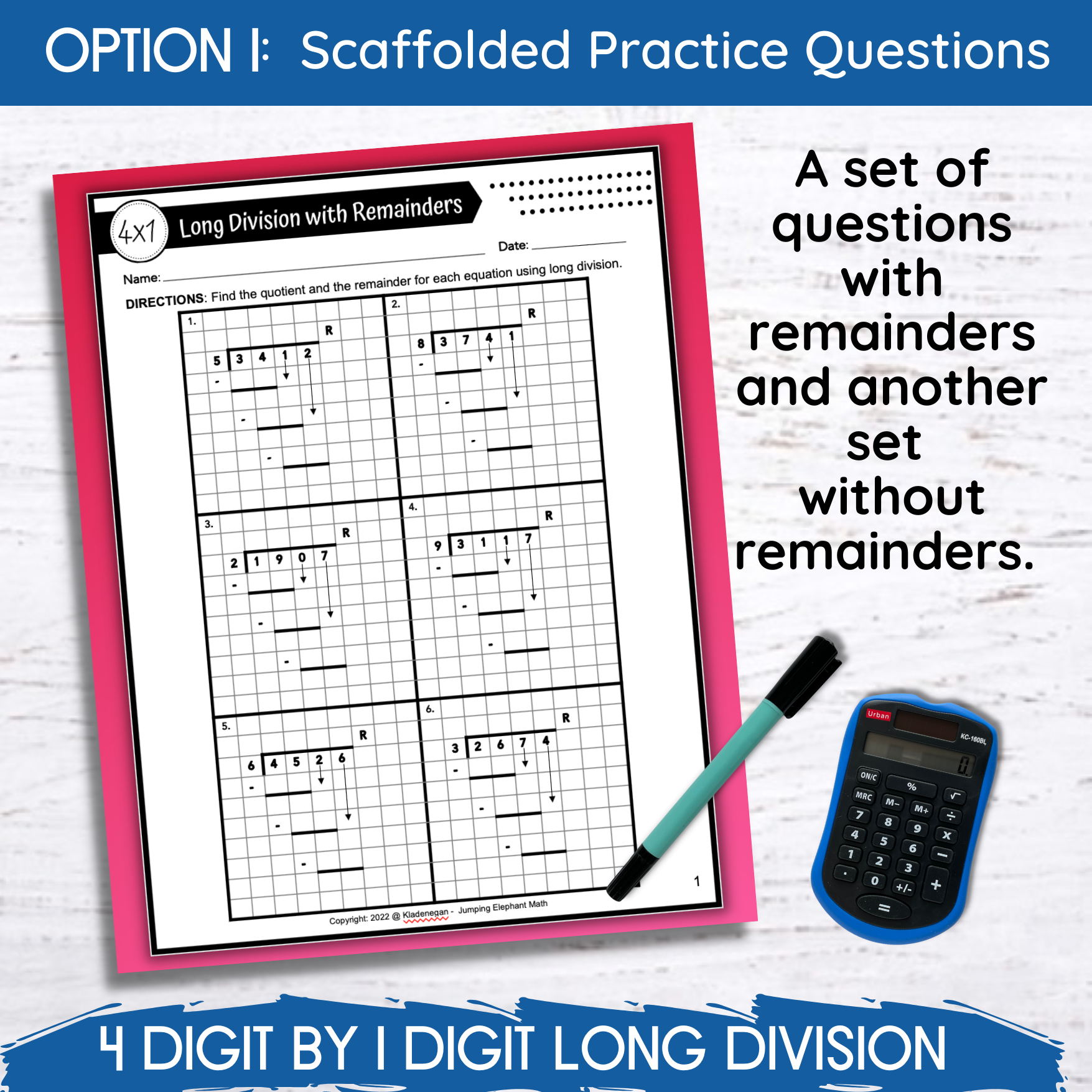 4 Digit by 1 Digit Long Division Worksheets With and Without remainders ...