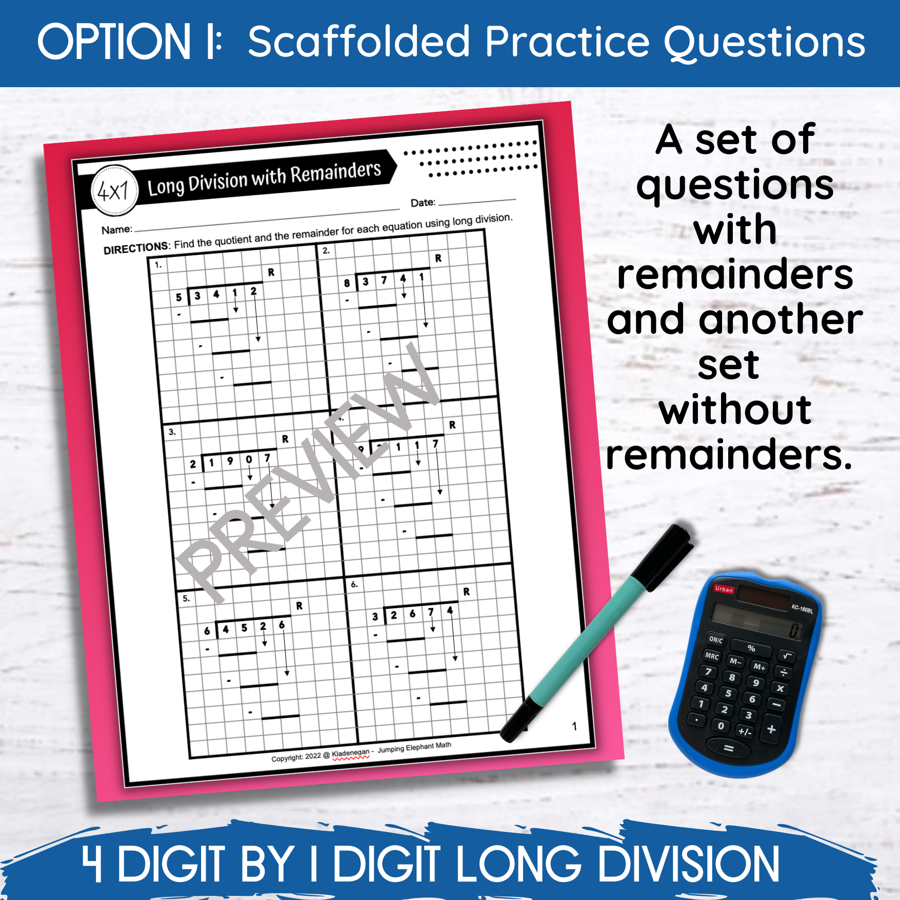 4 Digit by 1 Digit Long Division Worksheets With and Without remainders ...