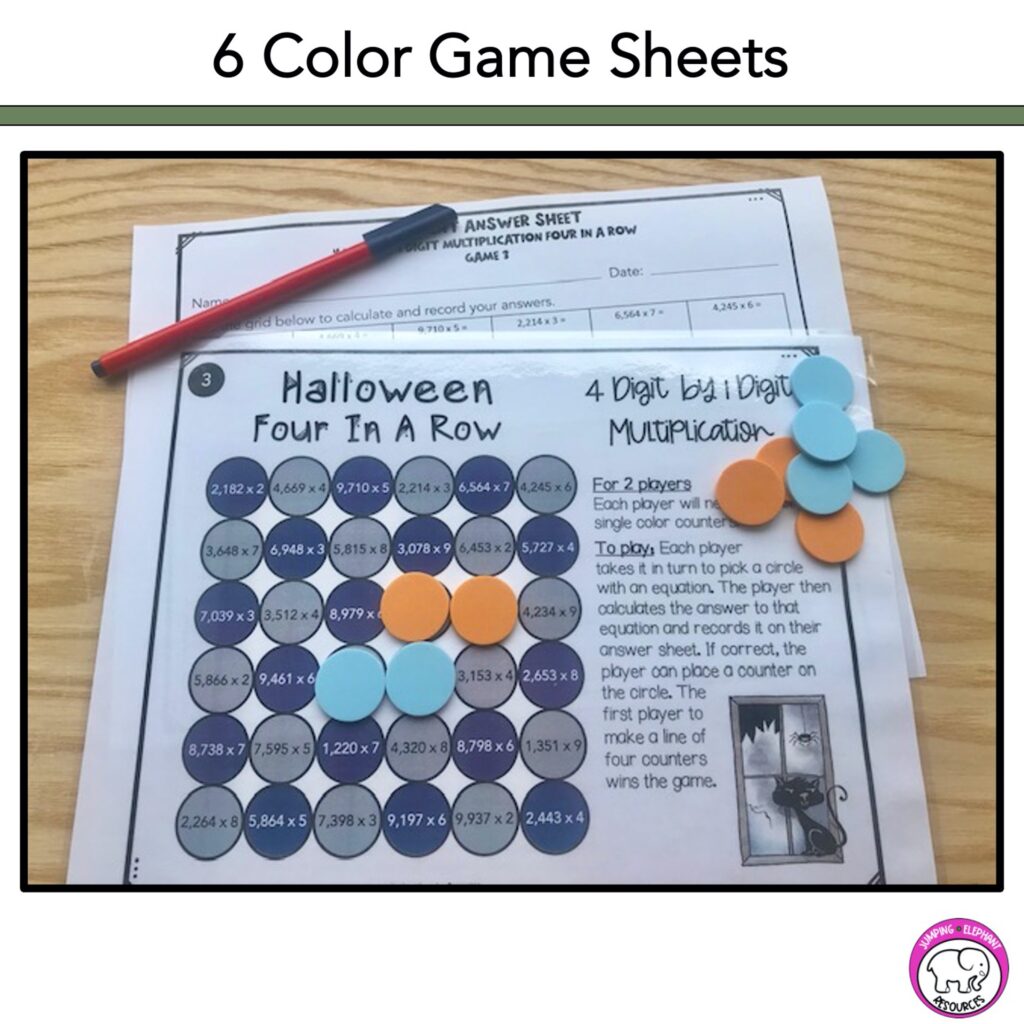 4 Digit by 1 Digit Multiplication Four in A Row Math Games Halloween ...