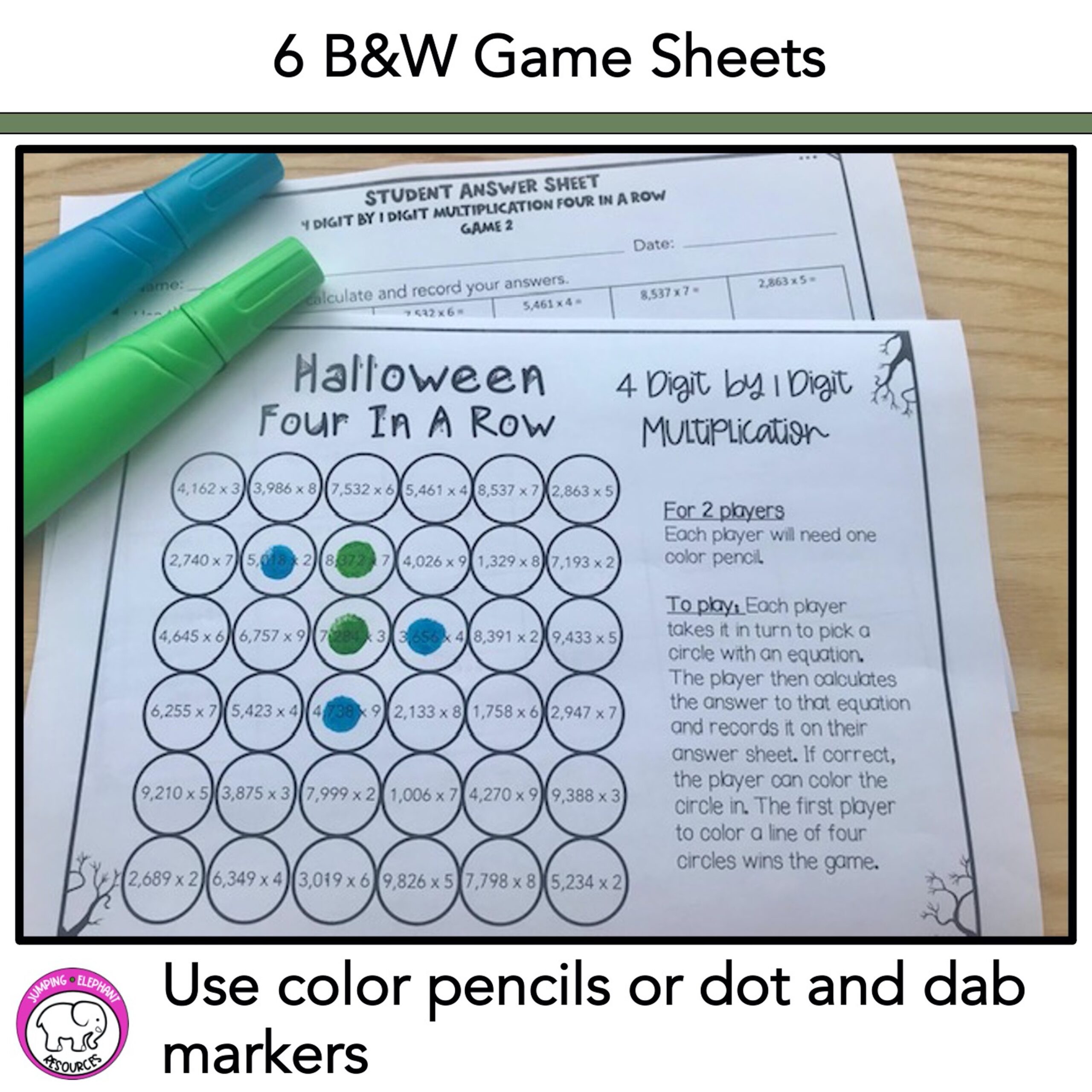 4 Digit by 1 Digit Multiplication Four in A Row Math Games Halloween ...