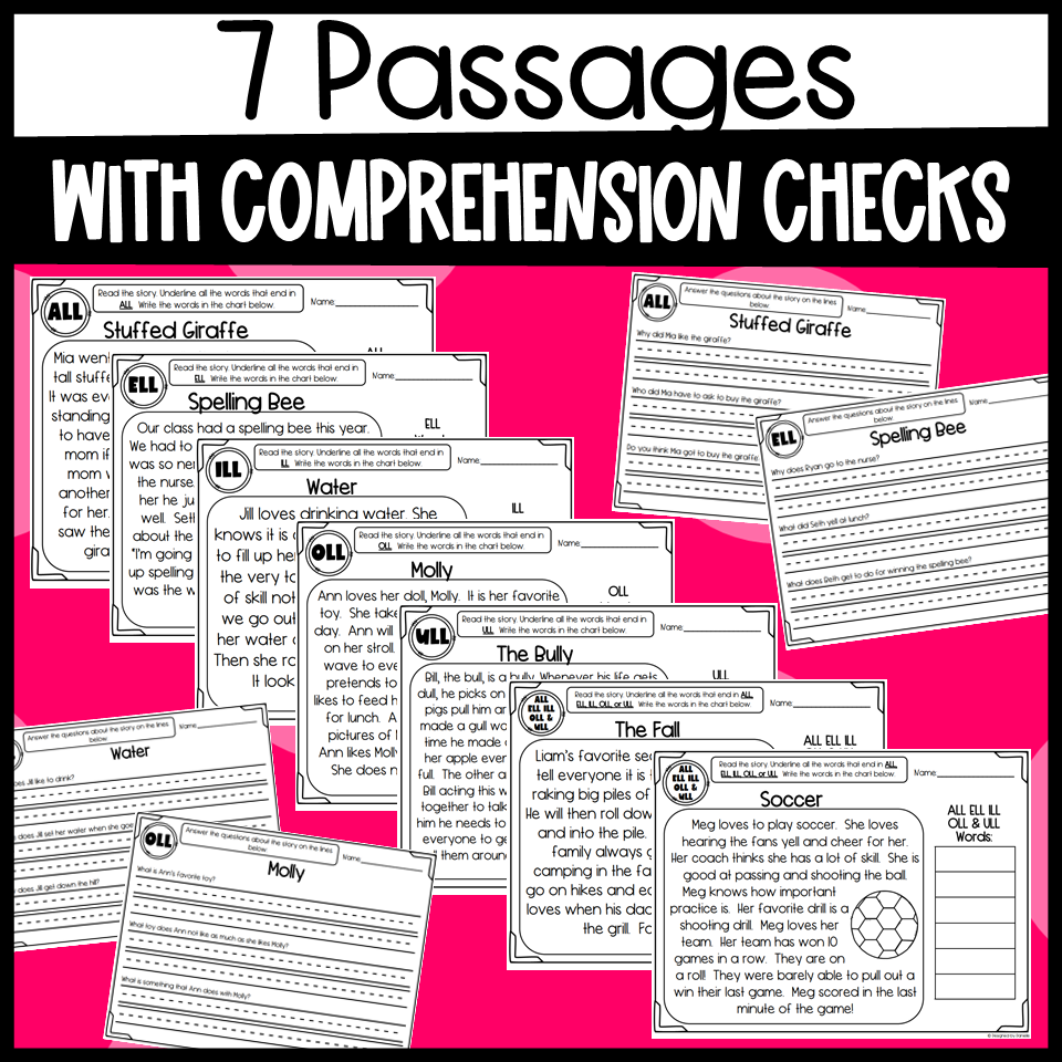 ALL ELL ILL OLL and ULL Word Family Phonics Reading Passages | Made By ...