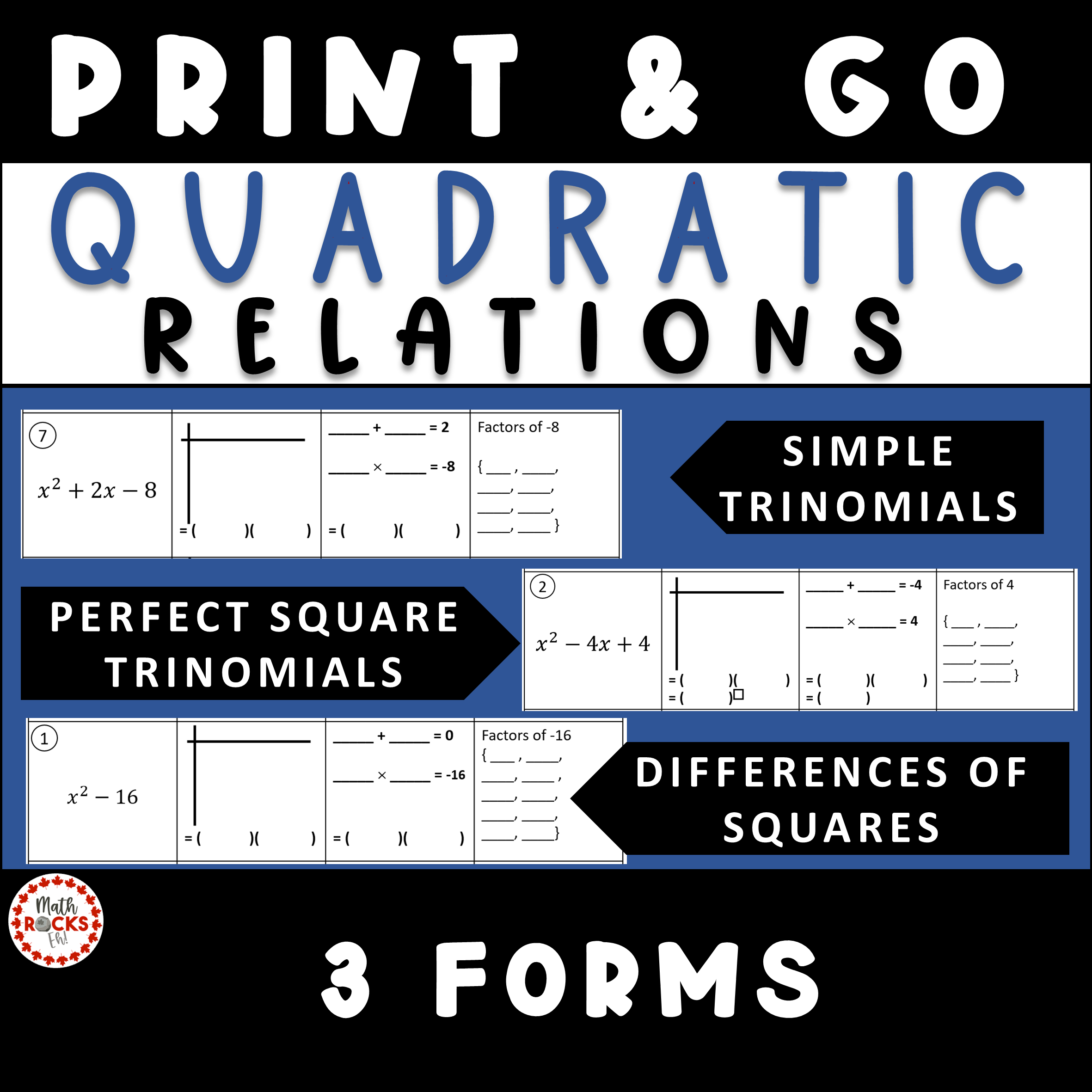 Factor Quadratics Simple Trinomials a = 1 With Algebra Tiles Printable ...