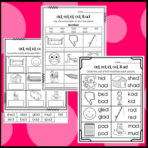 AD, ED, ID, OD, and UD Word Family Worksheets | Made By Teachers