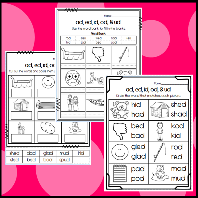 AD, ED, ID, OD, and UD Word Family Worksheets | Made By Teachers