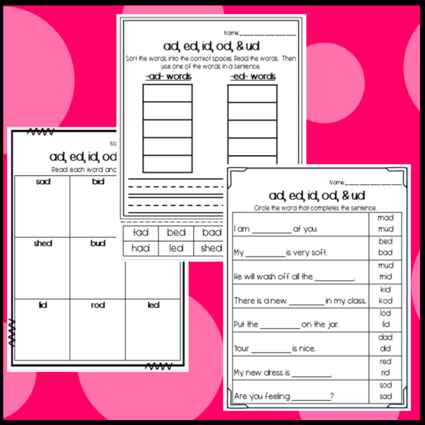 AD, ED, ID, OD, and UD Word Family Worksheets | Made By Teachers