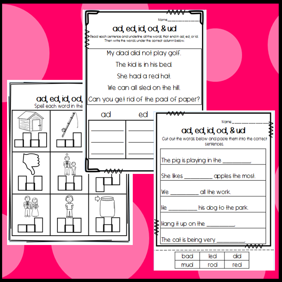 AD, ED, ID, OD, and UD Word Family Worksheets | Made By Teachers