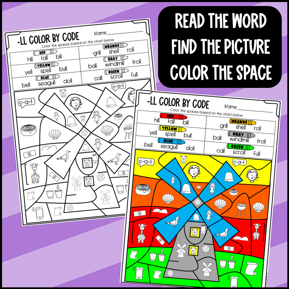 ALL ELL ILL OLL and ULL Color by Code Worksheets - Made By Teachers