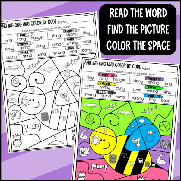 ANG ING ONG and UNG Words Color by Code Worksheets Glued Sounds | Made ...
