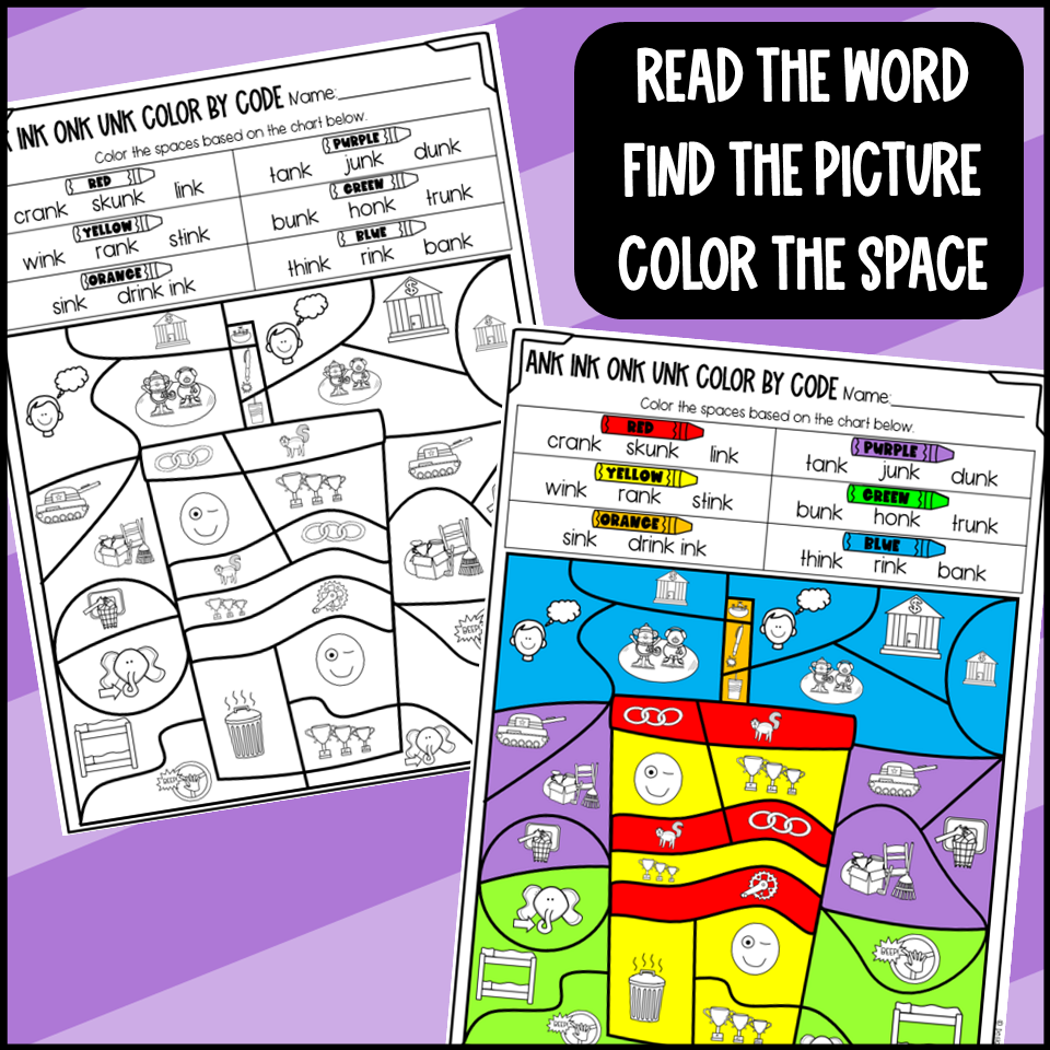 ANK INK ONK and UNK Words Color by Code Worksheets Glued Sounds | Made ...