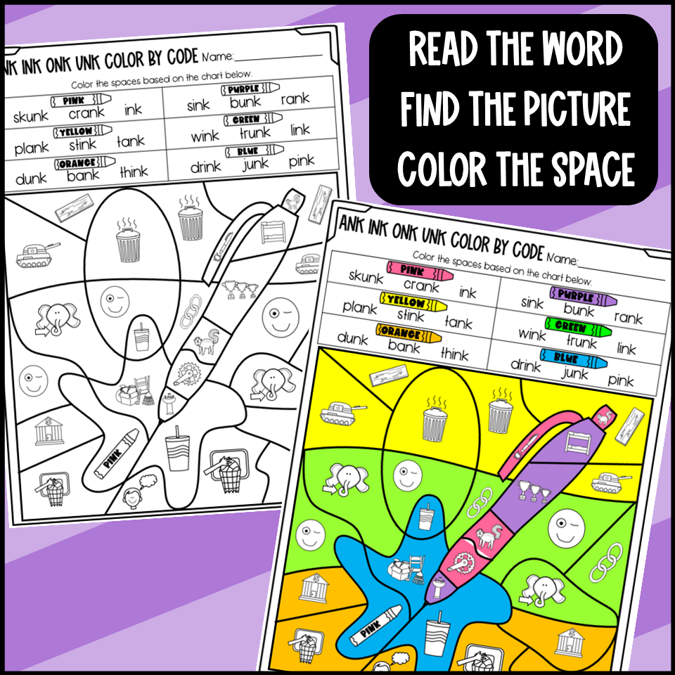 ANK INK ONK and UNK Words Color by Code Worksheets Glued Sounds | Made ...