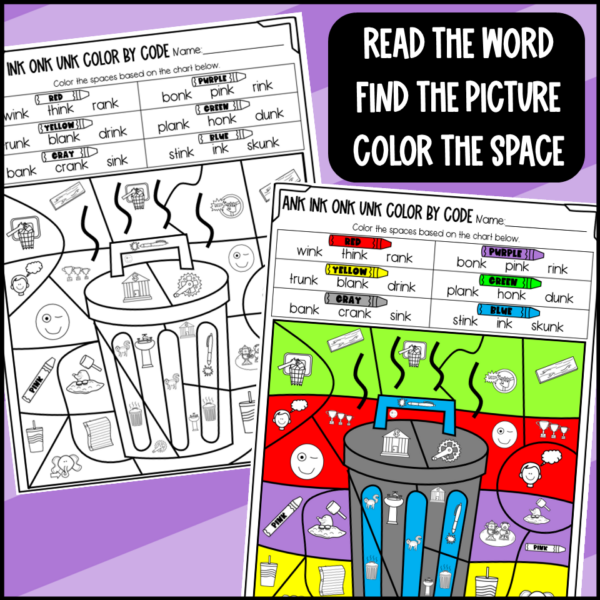 ANK INK ONK and UNK Words Color by Code Worksheets Glued Sounds | Made ...