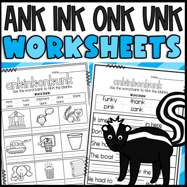 ank, ink, onk, and unk Worksheets: Cut and Paste Sorts, Cloze, Read ...