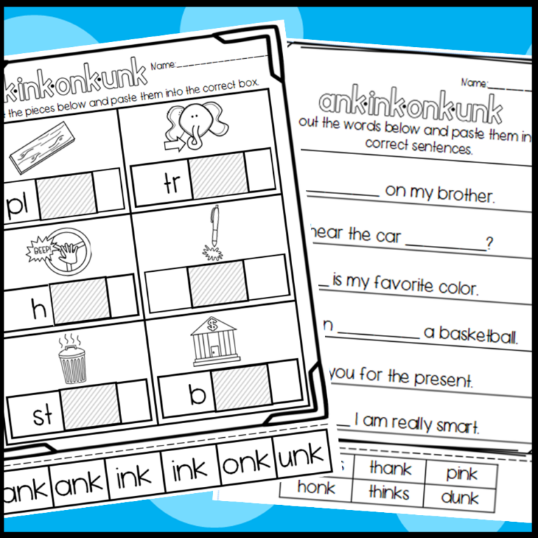 ank, ink, onk, and unk Worksheets: Cut and Paste Sorts, Cloze, Read ...