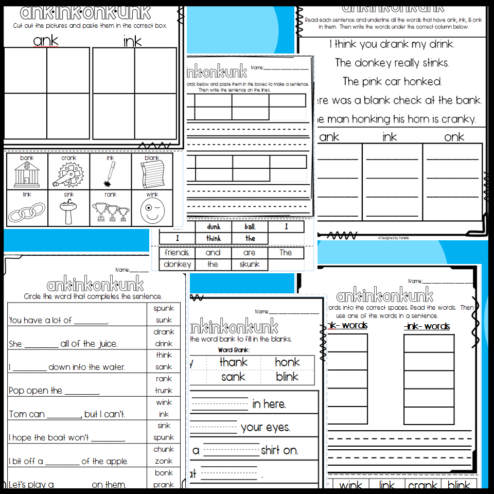 ank, ink, onk, and unk Worksheets: Cut and Paste Sorts, Cloze, Read ...