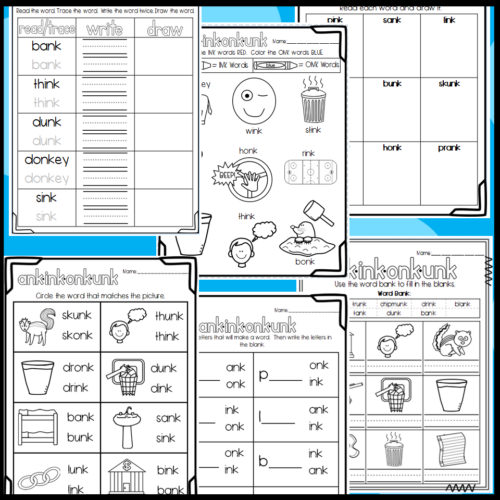 ank, ink, onk, and unk Worksheets: Cut and Paste Sorts, Cloze, Read ...