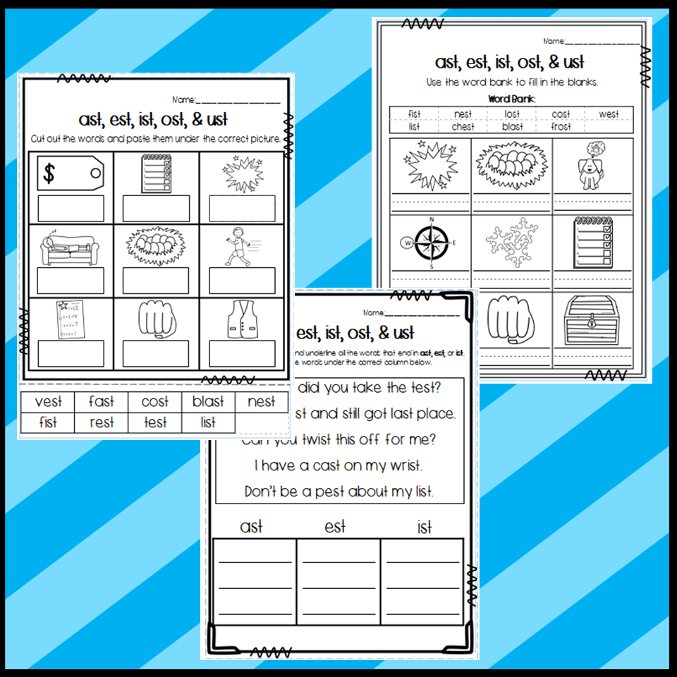 AST, EST, IST, OST, and UST Word Family Worksheets | Made By Teachers