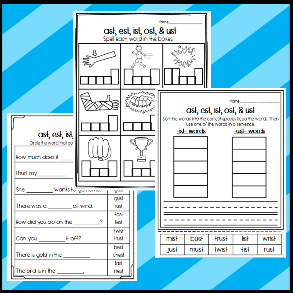 AST, EST, IST, OST, and UST Word Family Worksheets | Made By Teachers