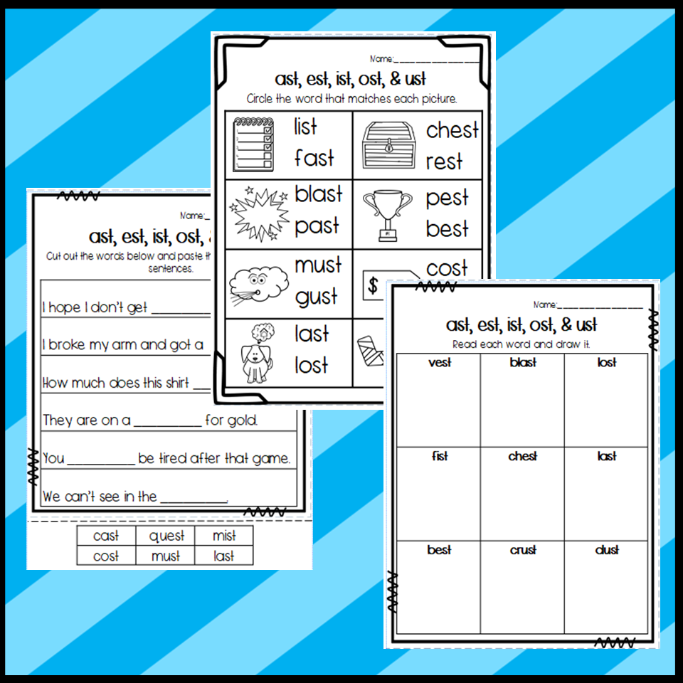 AST, EST, IST, OST, and UST Word Family Worksheets | Made By Teachers