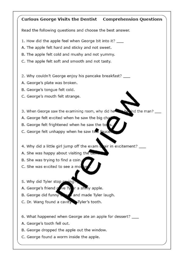 "Curious George Visits the Dentist" worksheets | Made By Teachers