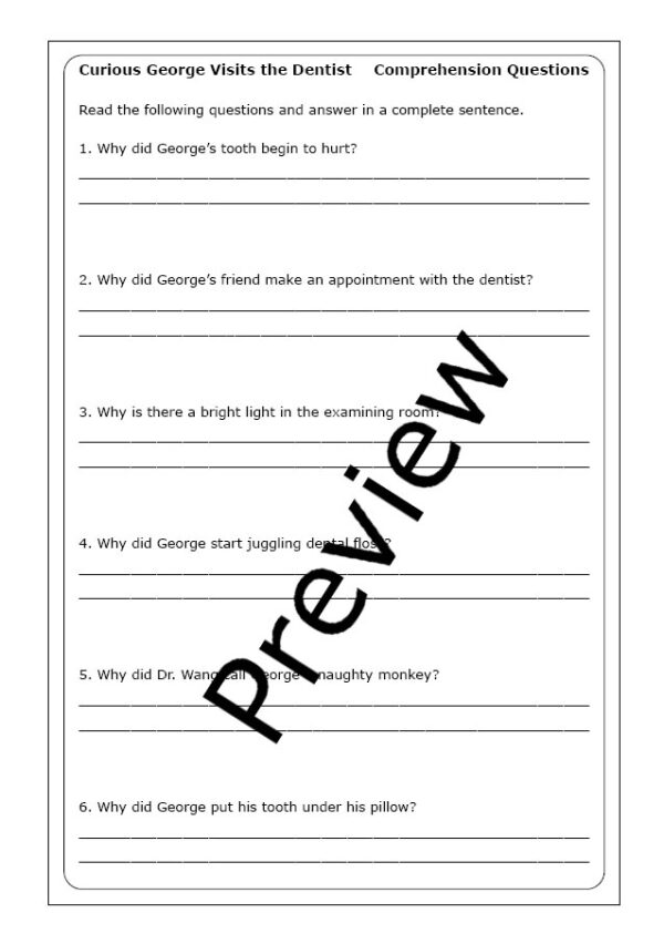 "Curious George Visits the Dentist" worksheets | Made By Teachers