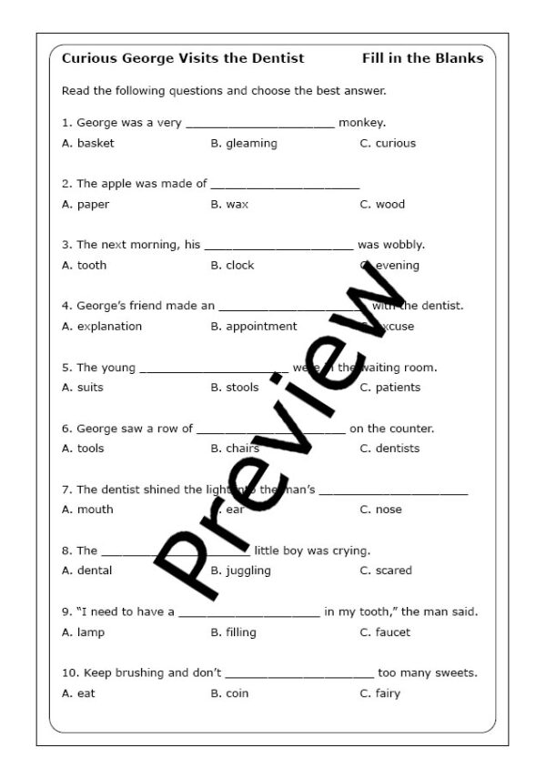 "Curious George Visits the Dentist" worksheets | Made By Teachers