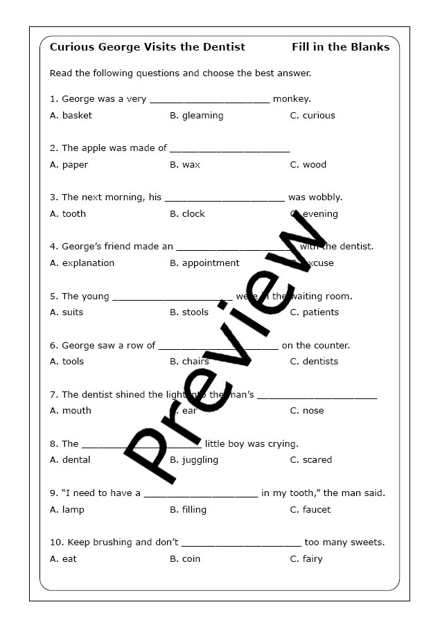"Curious George Visits the Dentist" worksheets | Made By Teachers