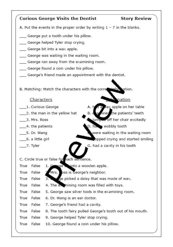 "Curious George Visits the Dentist" worksheets | Made By Teachers
