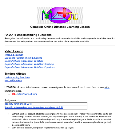 Complete Online Distance Learning 8th Math Understanding Functions PA.A ...