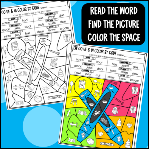 EW OO UE and UI Color by Code Worksheets Phonics Double Vowels | Made ...