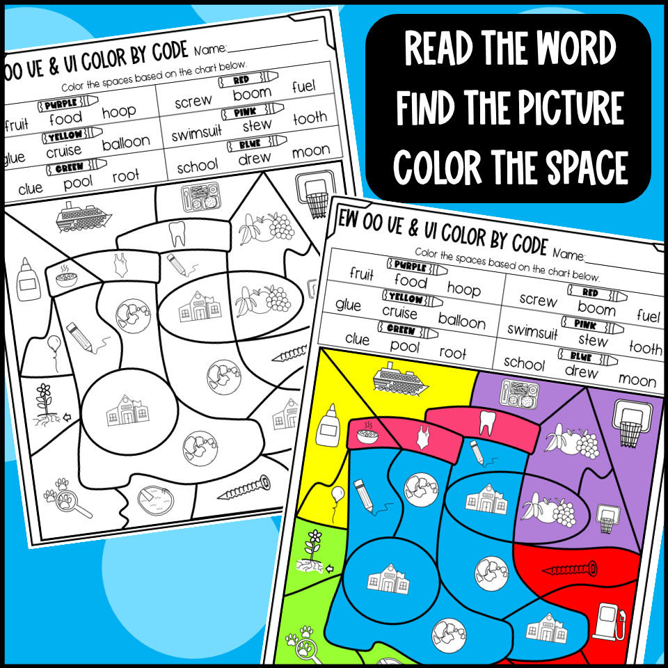 EW OO UE and UI Color by Code Worksheets Phonics Double Vowels | Made ...