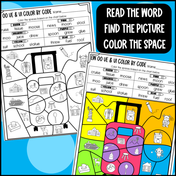 EW OO UE and UI Color by Code Worksheets Phonics Double Vowels - Made ...