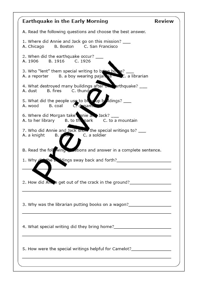 Magic Tree House "Earthquake in the Early Morning" worksheets - Made By ...