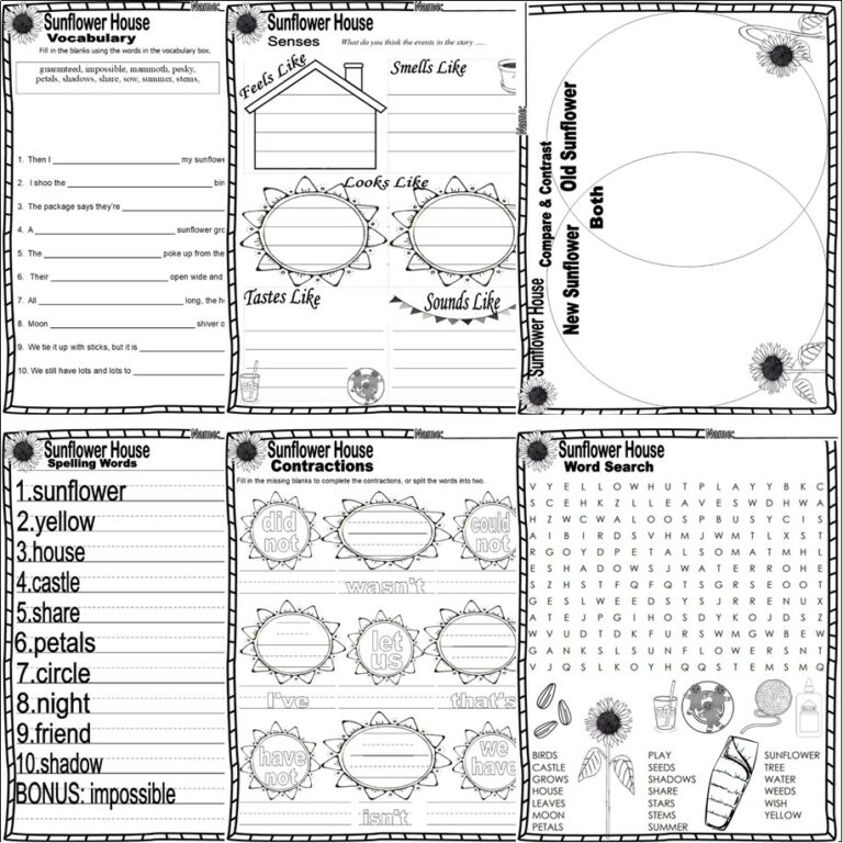 Sunflower House Book Study Companion Reading Comprehension Worksheets ...
