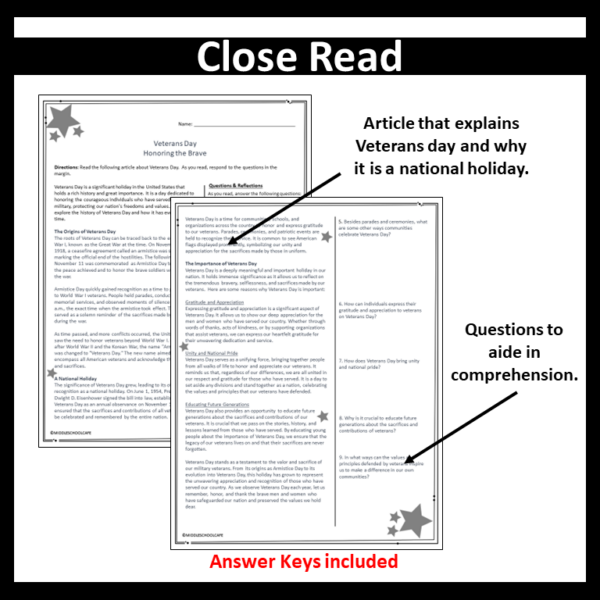 Veterans Day Reading Comprehension Passage with Puzzles - Made By Teachers