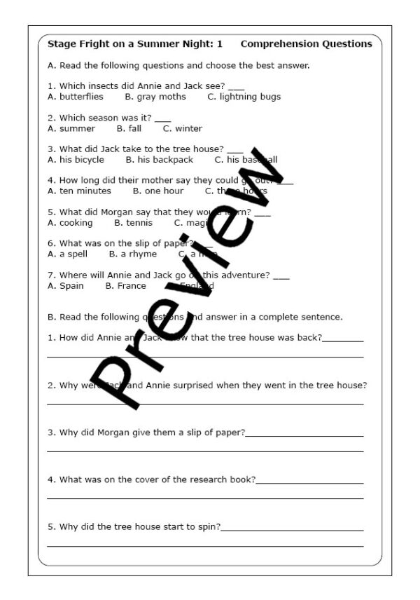 Magic Tree House "Stage Fright on a Summer Night" worksheets | Made By ...