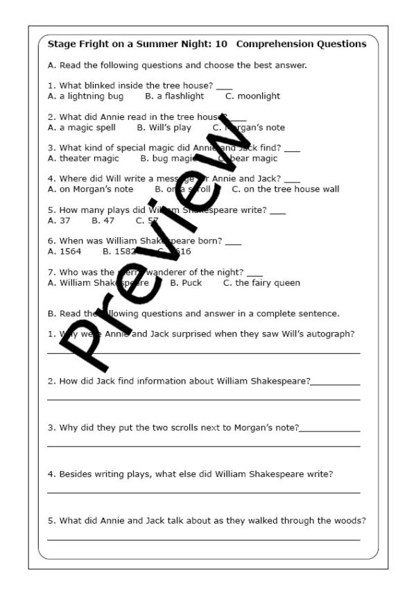 Magic Tree House "Stage Fright on a Summer Night" worksheets | Made By ...