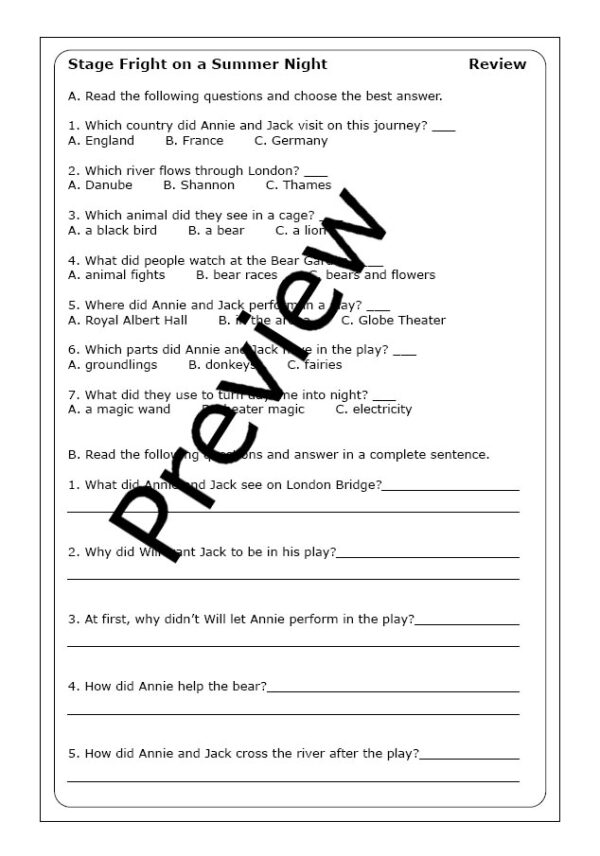 Magic Tree House "Stage Fright on a Summer Night" worksheets | Made By ...