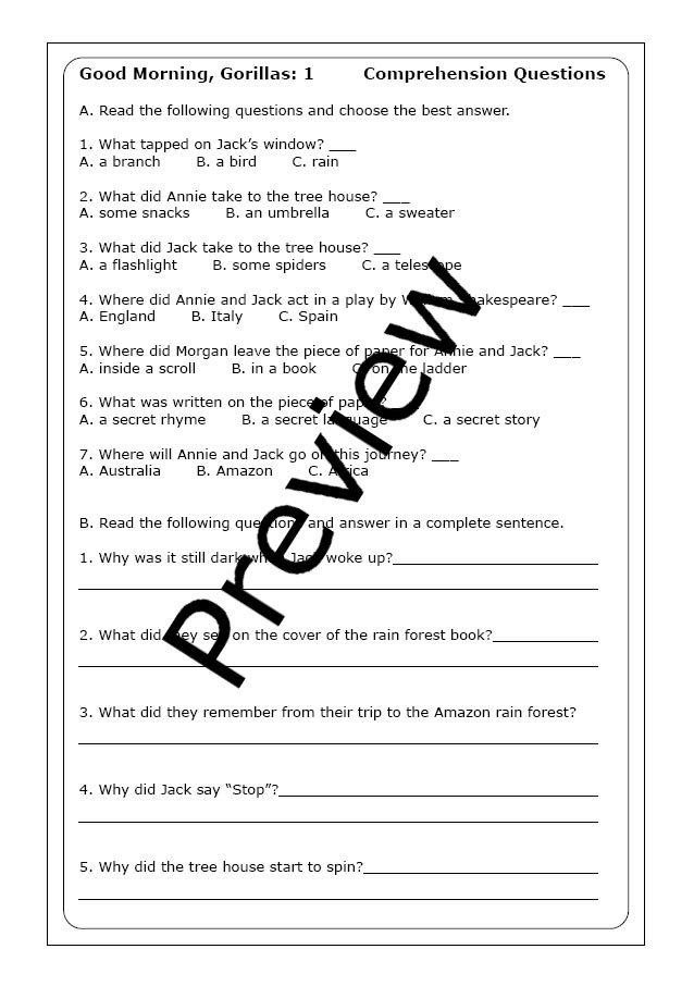 Magic Tree House "Good Morning, Gorillas" worksheets | Made By Teachers