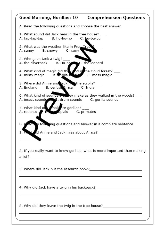 Magic Tree House "Good Morning, Gorillas" worksheets | Made By Teachers