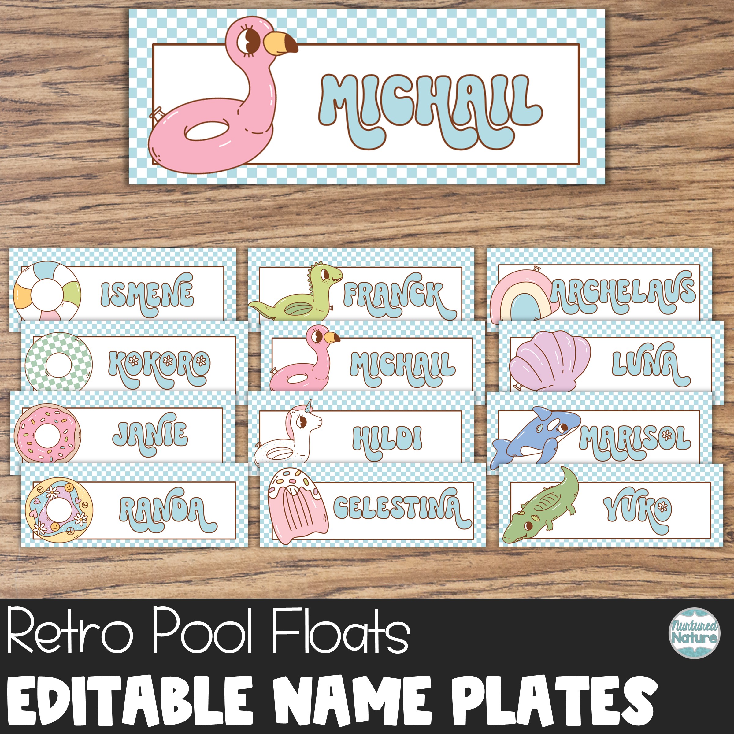 Editable Name Plates – Retro Pool Float Name Tags for Desks | Made By ...