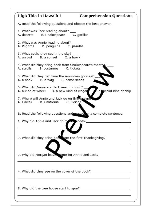 Magic Tree House "High Tide in Hawaii" worksheets | Made By Teachers
