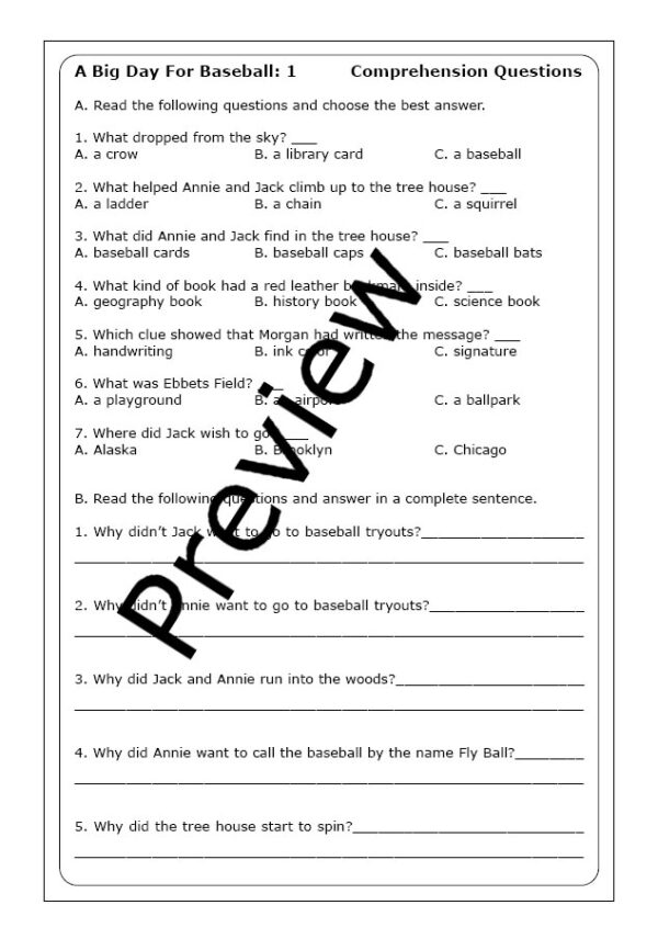 Magic Tree House #29 "A Big Day for Baseball" worksheets | Made By Teachers